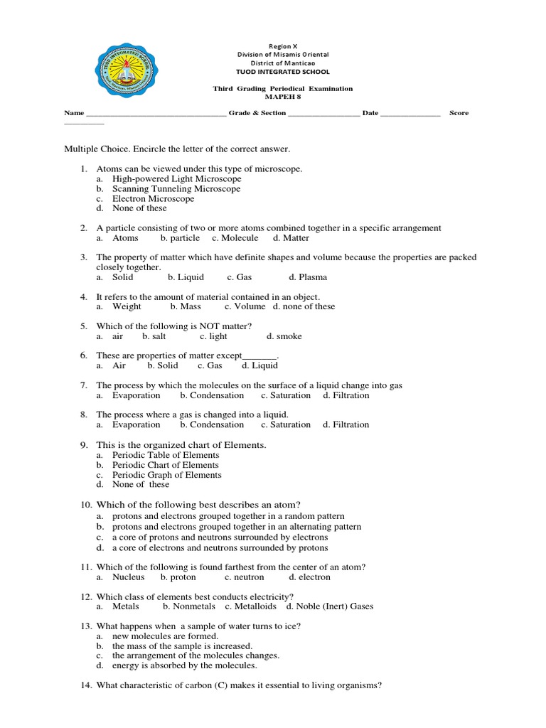 Science 8 Third Quarter Exam | PDF | Periodic Table | Chemical Elements