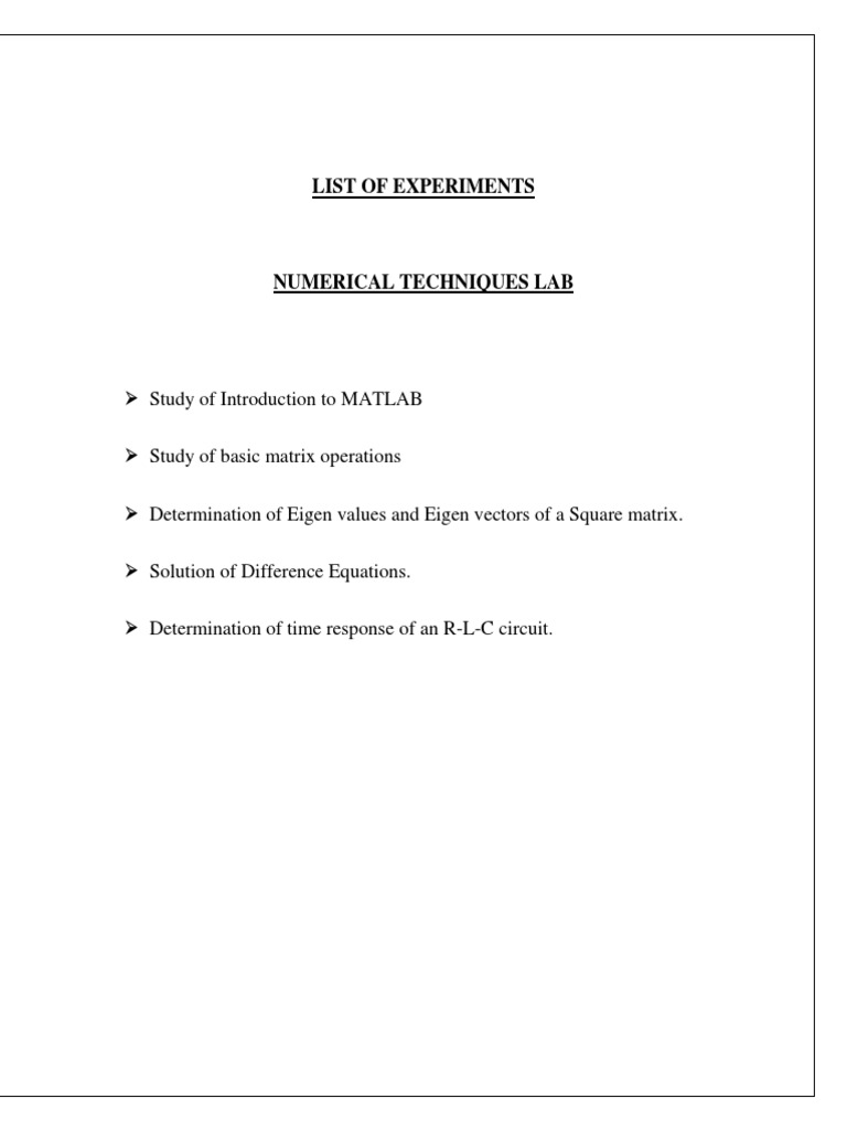 List of Experiments | PDF | Eigenvalues And Eigenvectors | Matlab