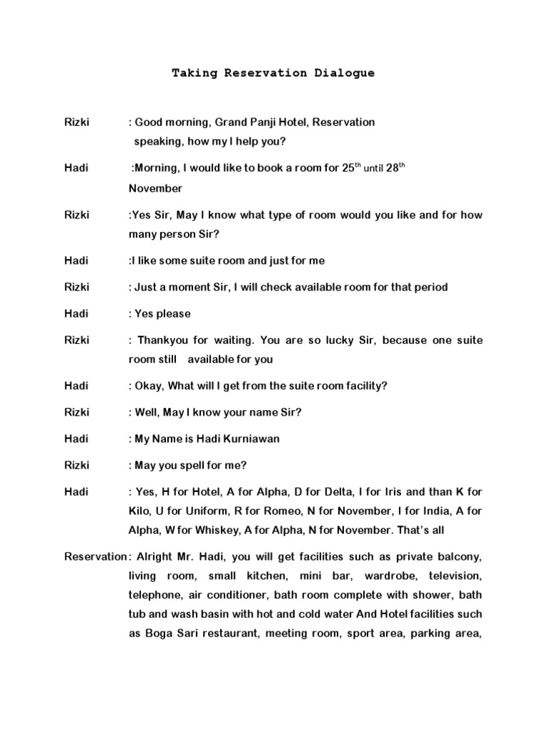 Taking Reservation Dialogue: TH TH | PDF