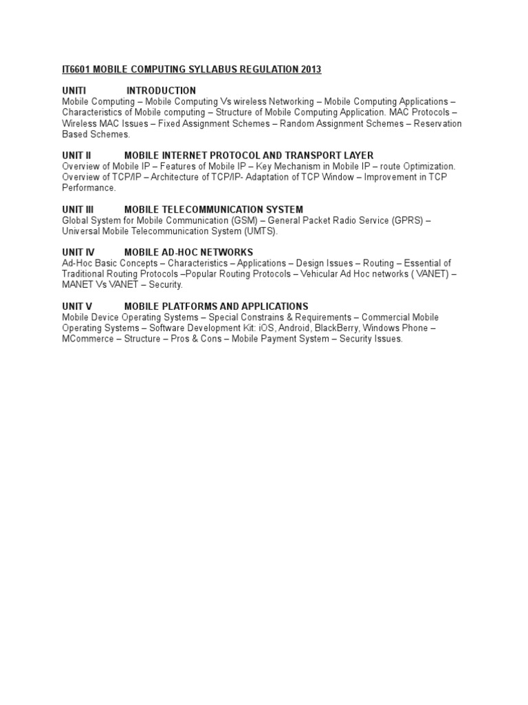 It6601 Mobile Computing Syllabus Regulation 2013 Uniti | PDF It6601 Mobile Computing Syllabus Regulation 2013 Uniti | PDF