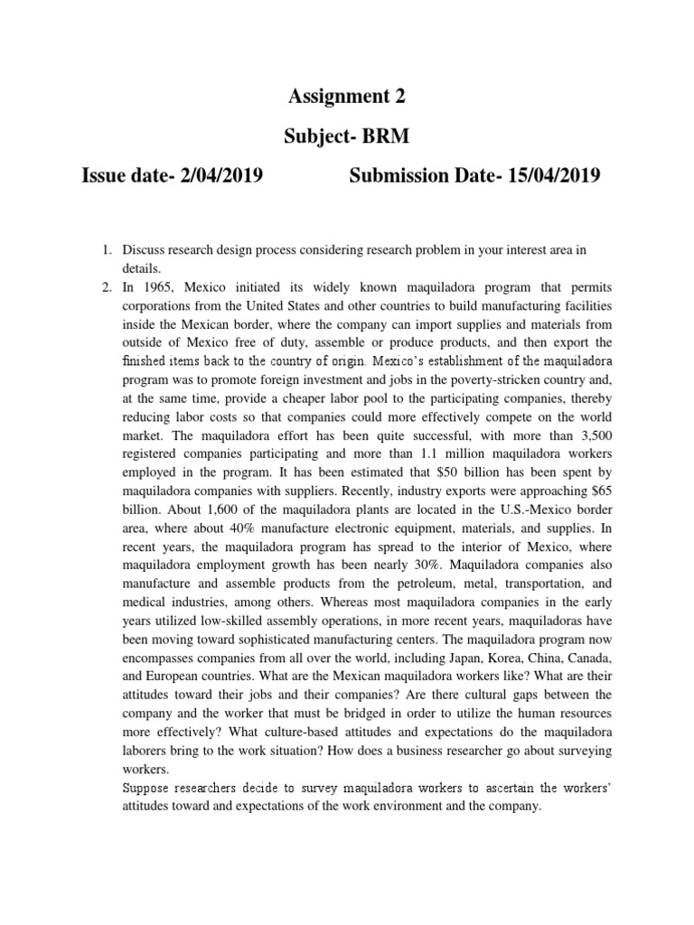 Assignment 2 Subject-BRM Issue Date - 2/04/2019 Submission Date - 15/04/2019 | PDF | Employment ...