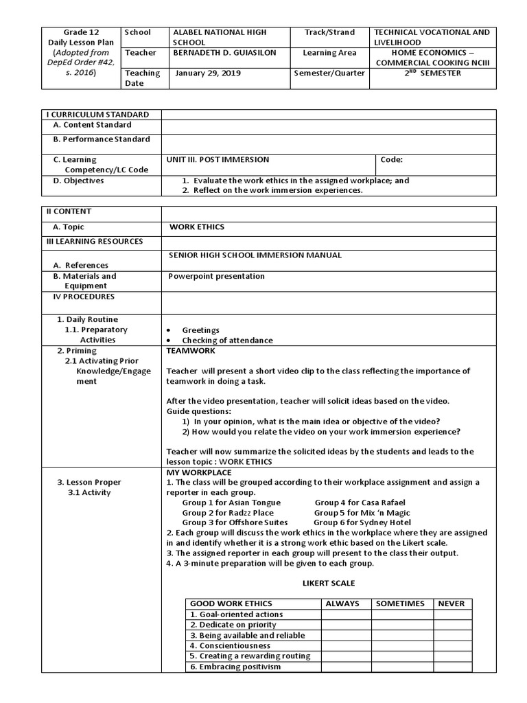 Work Immersion Lesson Plan For Demo1 | Download Free PDF | Behavior ...