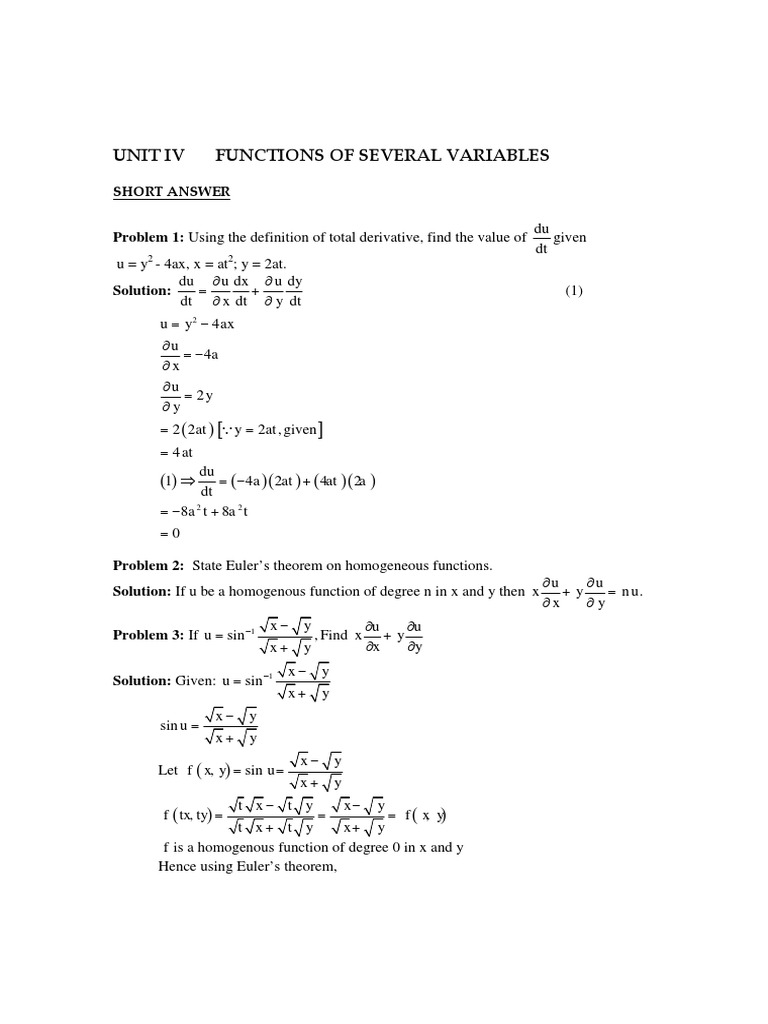 Unit Iv Functions of Several Variables: Problem 1: Using The Definition of Total Derivative ...