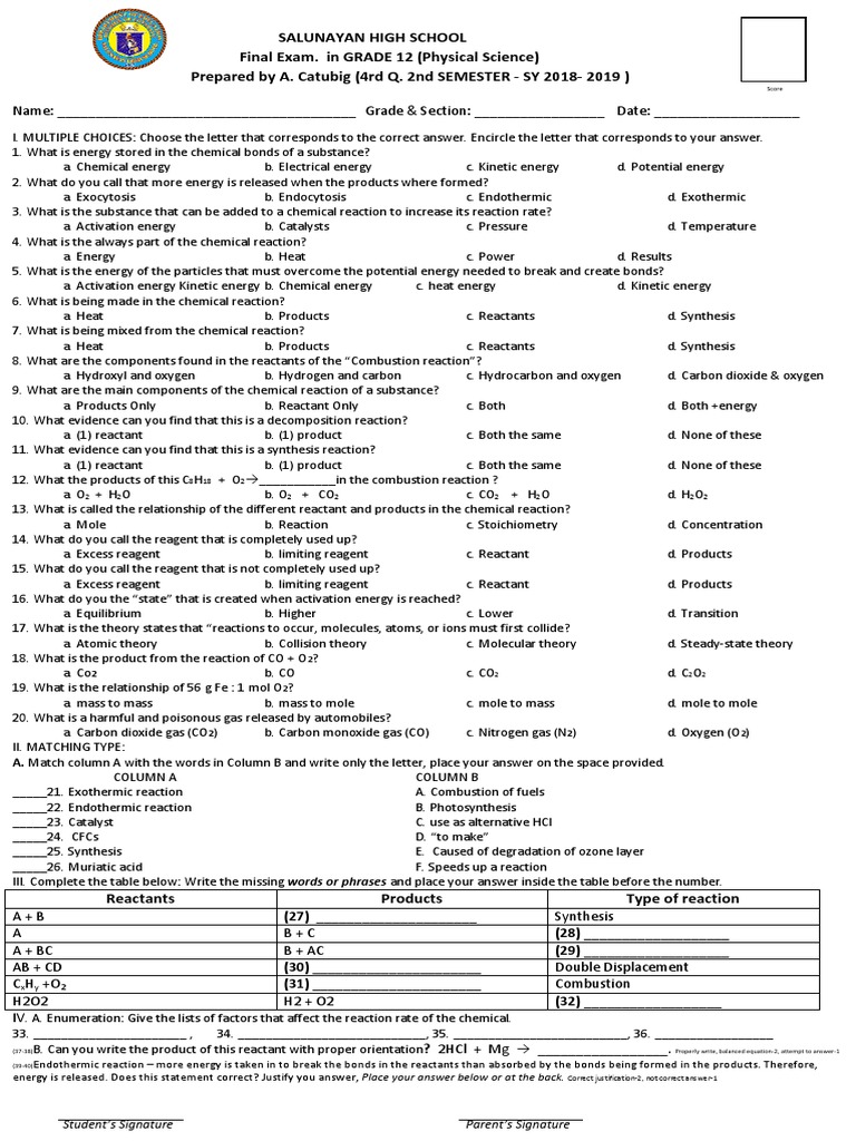 Salunayan High School Physical Science Final Exam: Key Concepts of ...