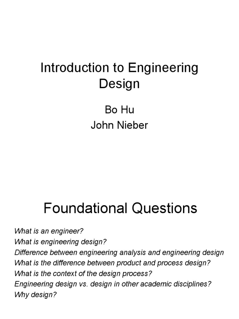 Introduction To Engineering Design: Bo Hu John Nieber | PDF ...
