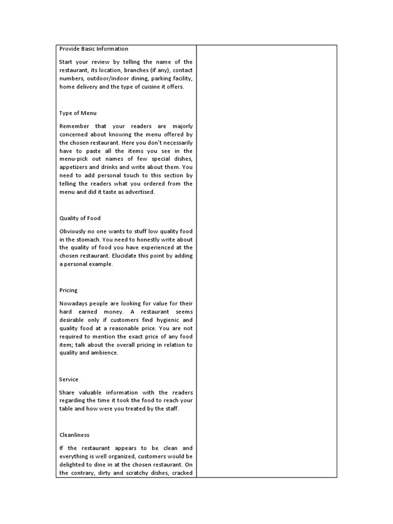 Format For A Restaurant Review | PDF