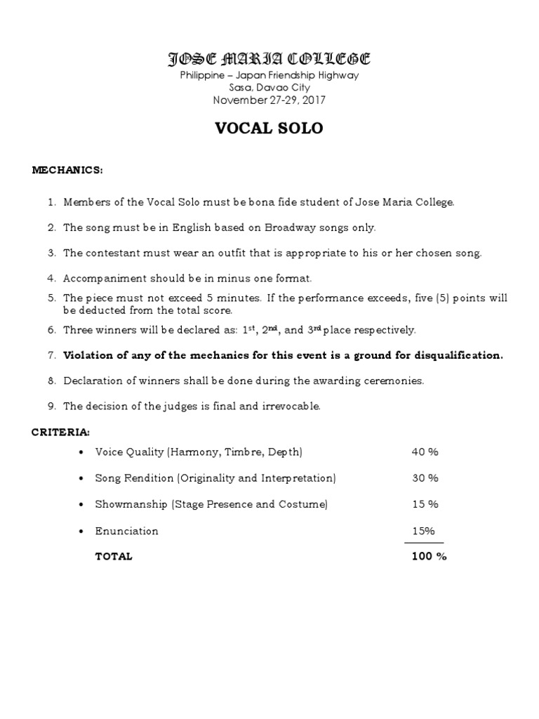Guidelines for the Vocal Solo Competition at Jose Maria College's ...