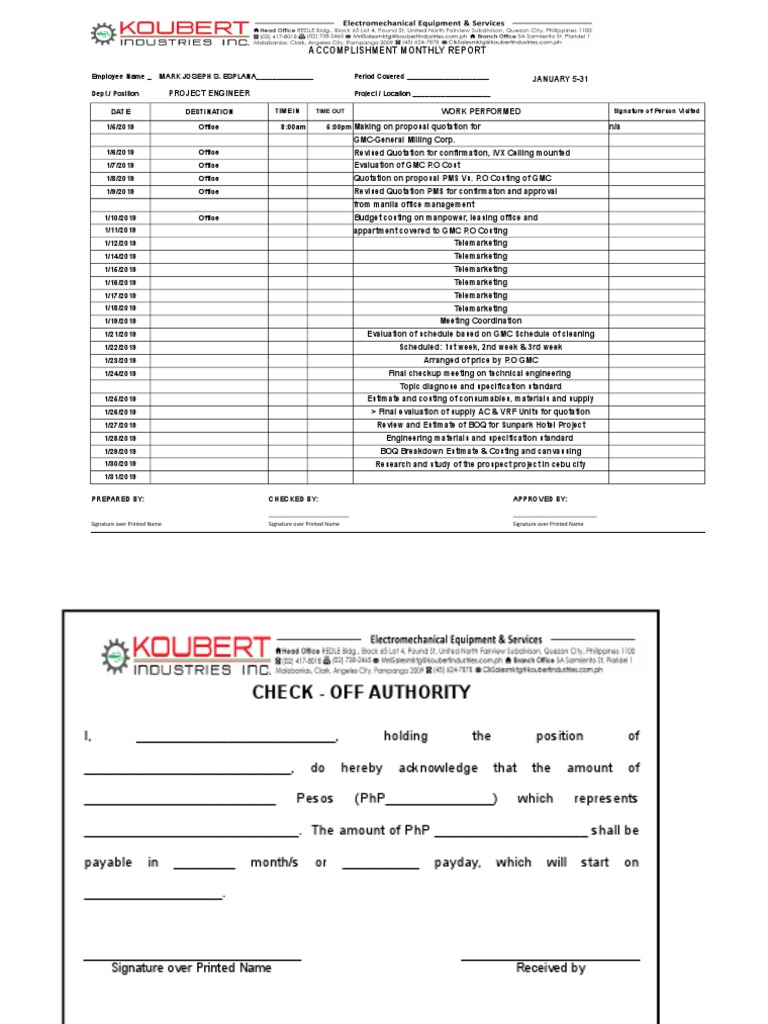 Accomplishment Monthly Report: JANUARY 5-31 Project Engineer | PDF ...