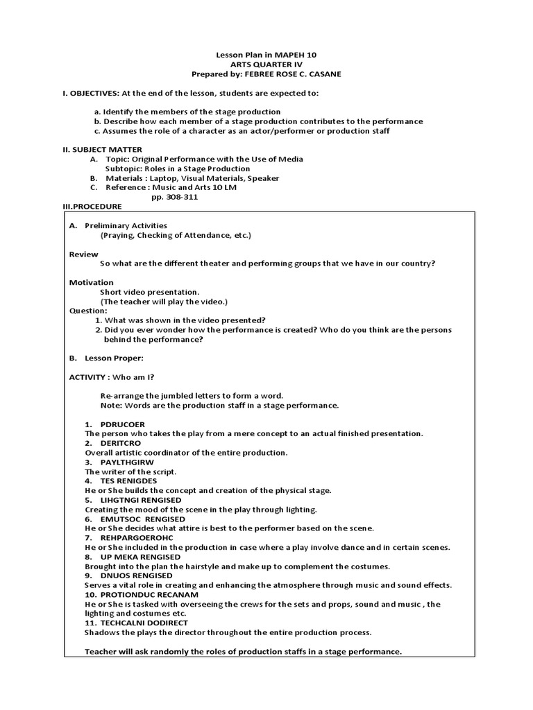 Lesson Plan in Arts 10 4th | PDF | Lesson Plan | Actor