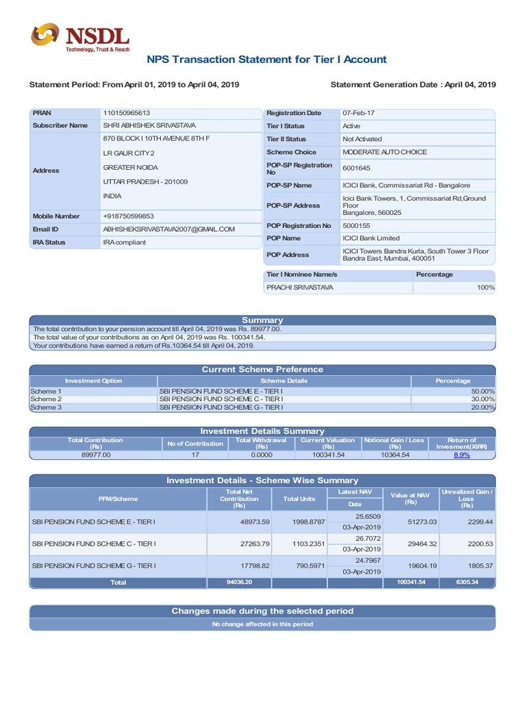 NPS Transaction Statement For Tier I Account | PDF | Tax Deduction ...