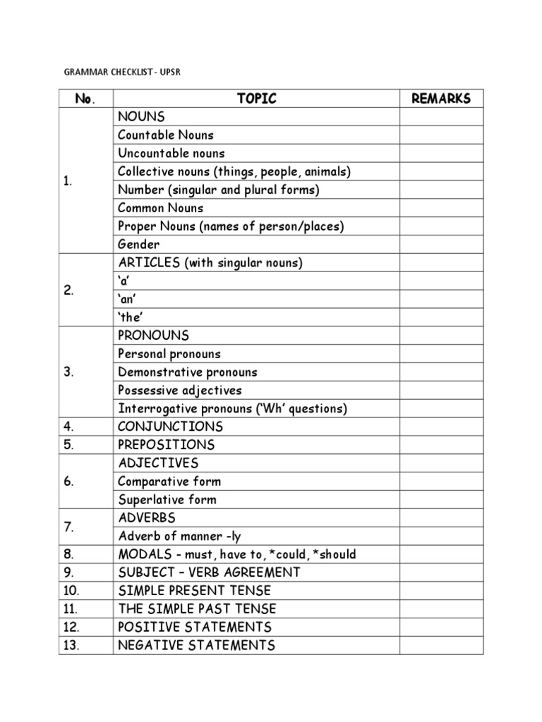 Grammar Checklist UPSR | PDF