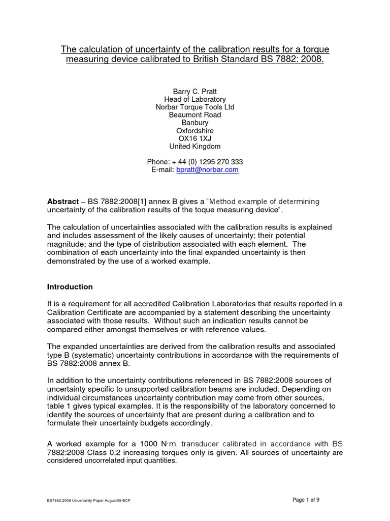 Calculation of Uncertainty in Calibration Results for a Torque ...