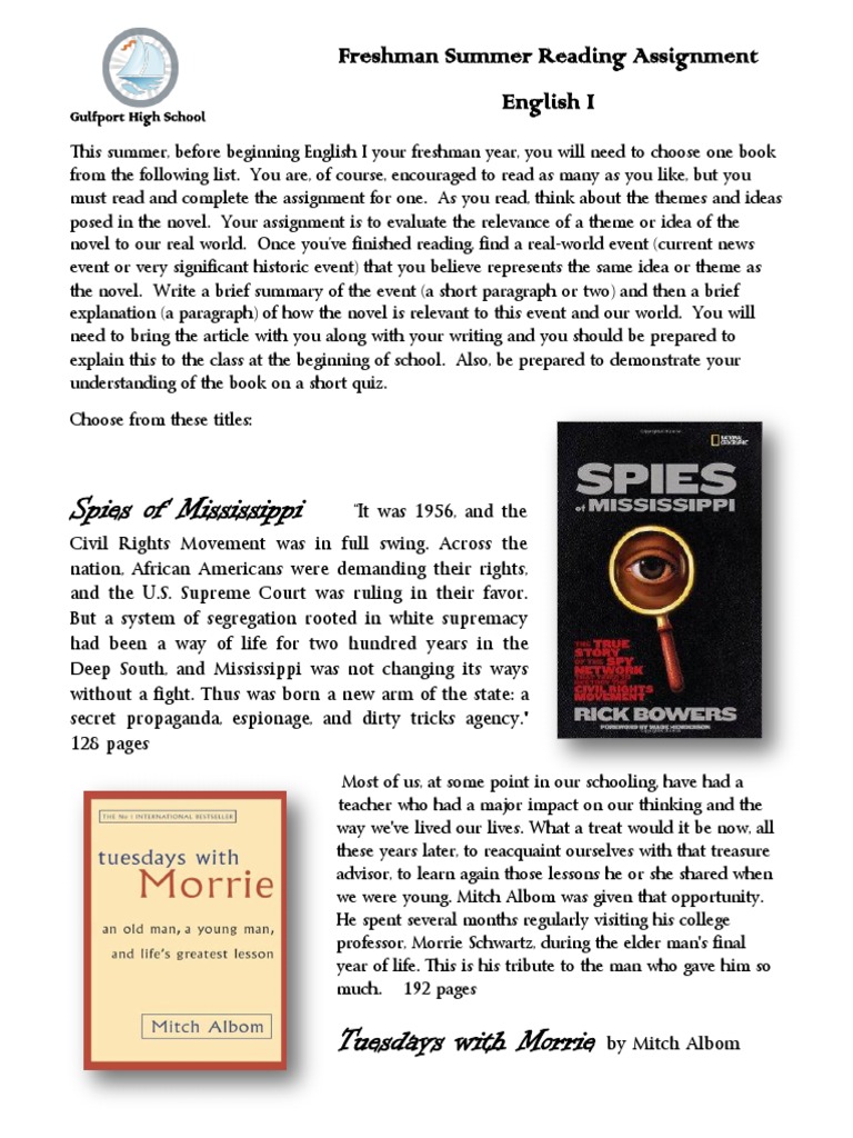 9th Grade English Summer Reading Assignment | PDF