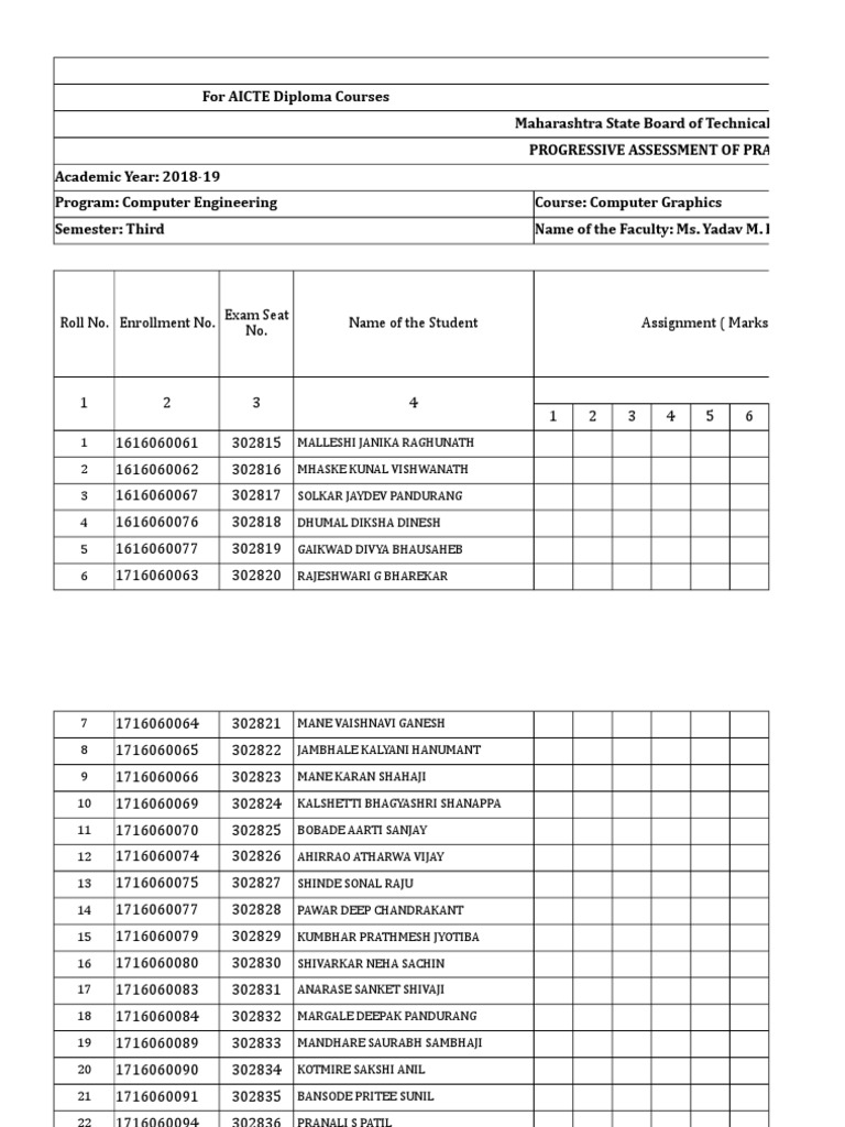 Roll No. Enrollment No. Name of The Student Assignment (Marks Out of 25 ...