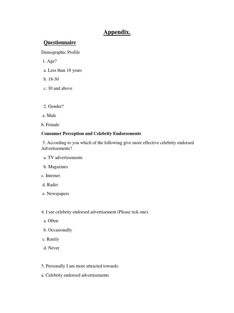 Questionnaire: Appendix | PDF | Celebrity | Expert