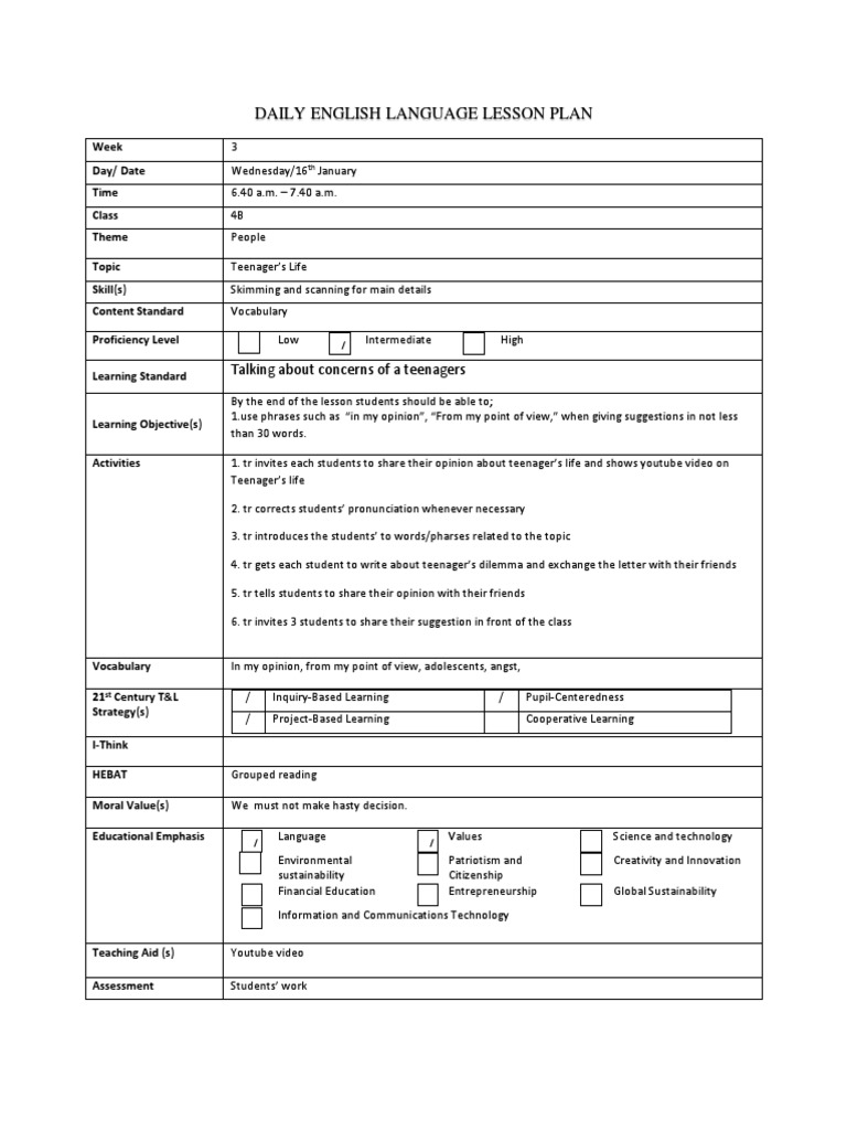 Teenager's Life Lesson Plan | PDF | Lesson Plan | Adolescence