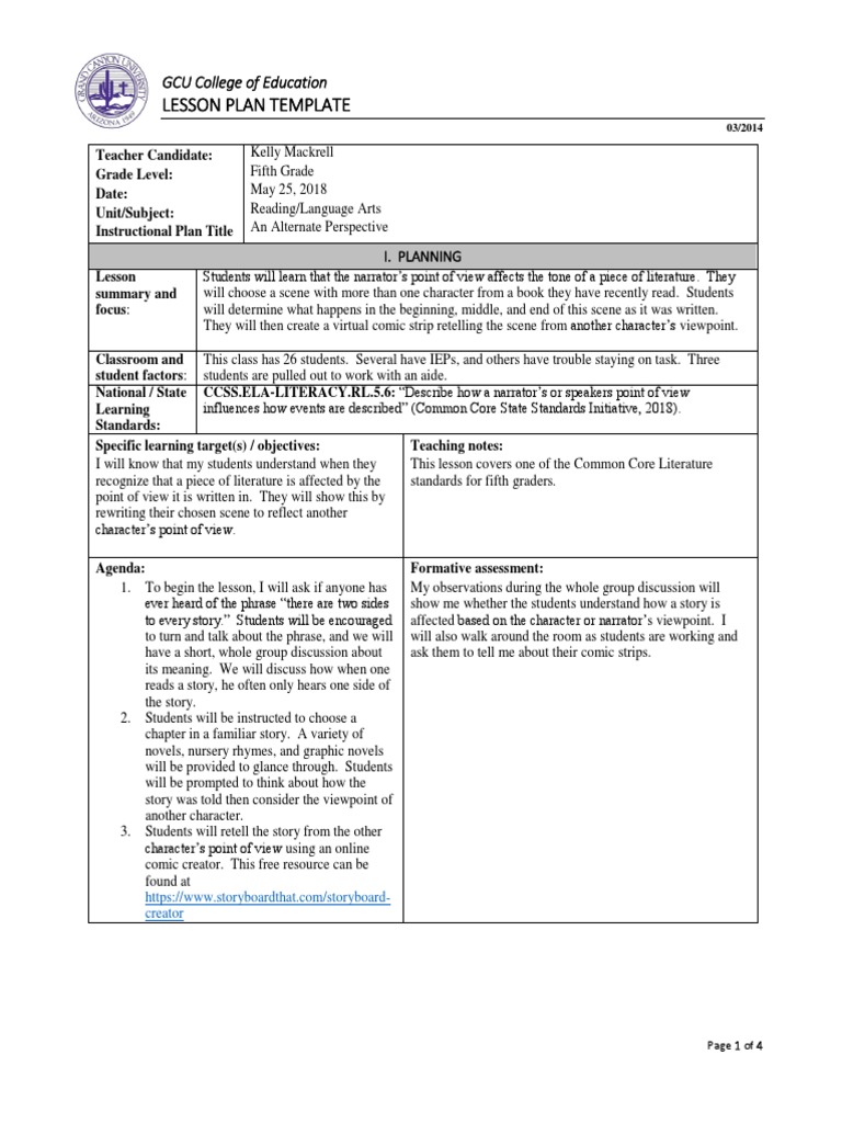 Lesson Plan Template: GCU College of Education | PDF | Narration | Learning