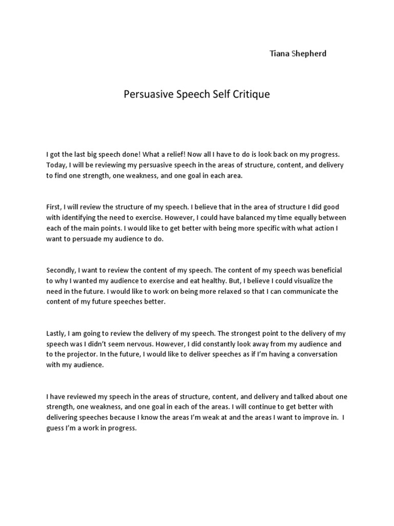 Persuasive Speech Self Critique: Tiana Shepherd | PDF
