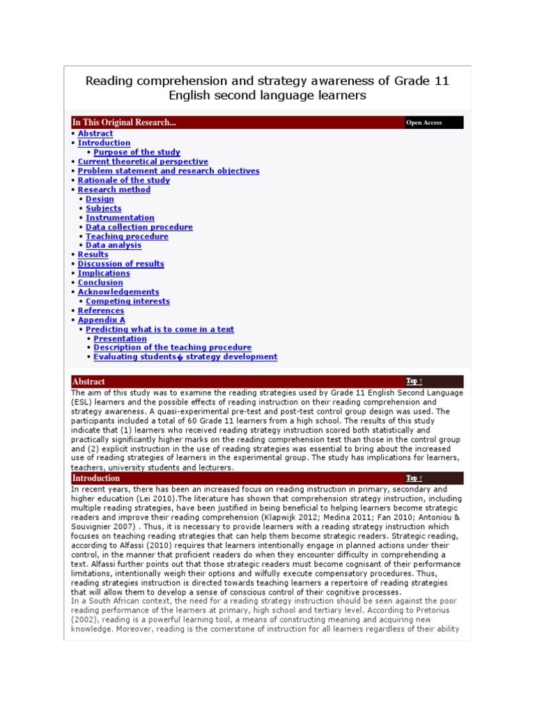 Reading Comprehension and Strategy Awareness of Grade 11 English Second ...