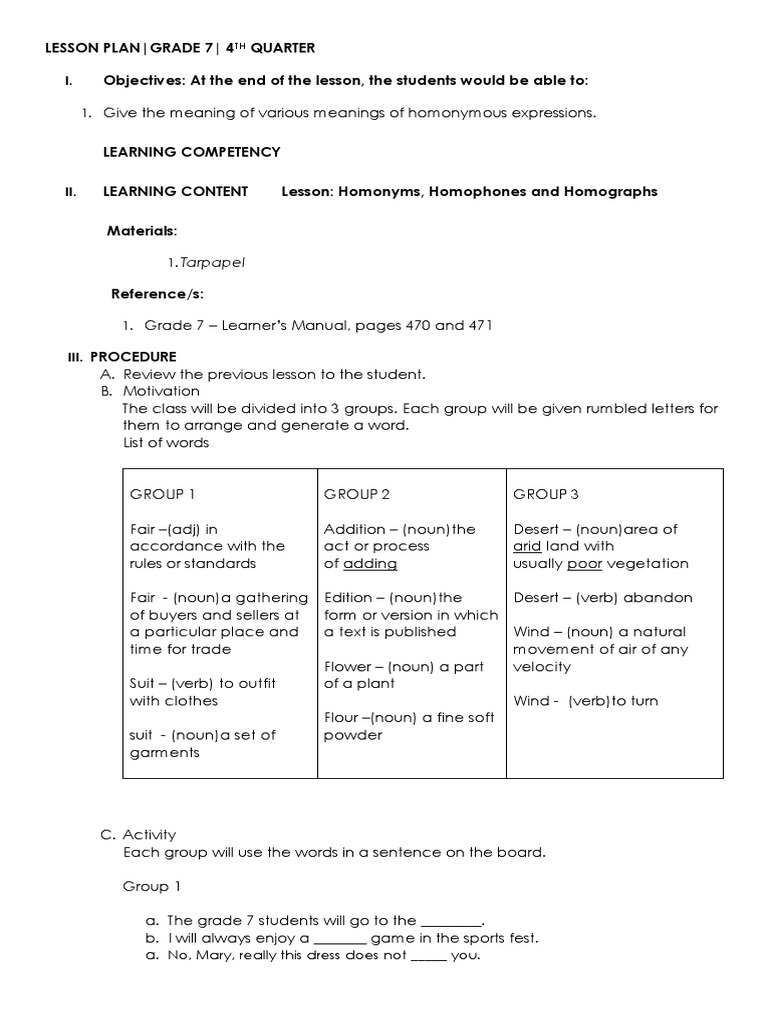 Homonyms - Lesson Plan | PDF | Linguistics