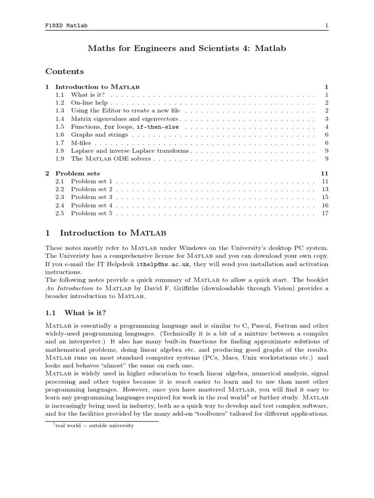 Maths For Engineers and Scientists 4: Matlab: 1.1 What Is It? | PDF | Matrix (Mathematics ...