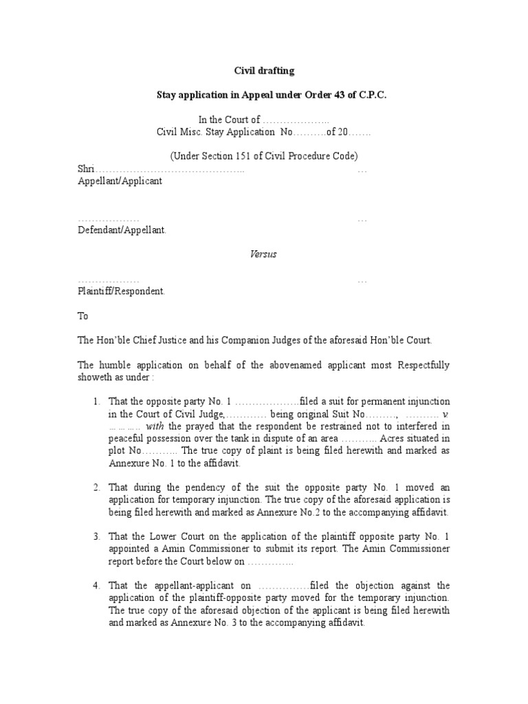 Stay Application in Appeal Under Order 43 of C.P.C.-drafting-Civil ...