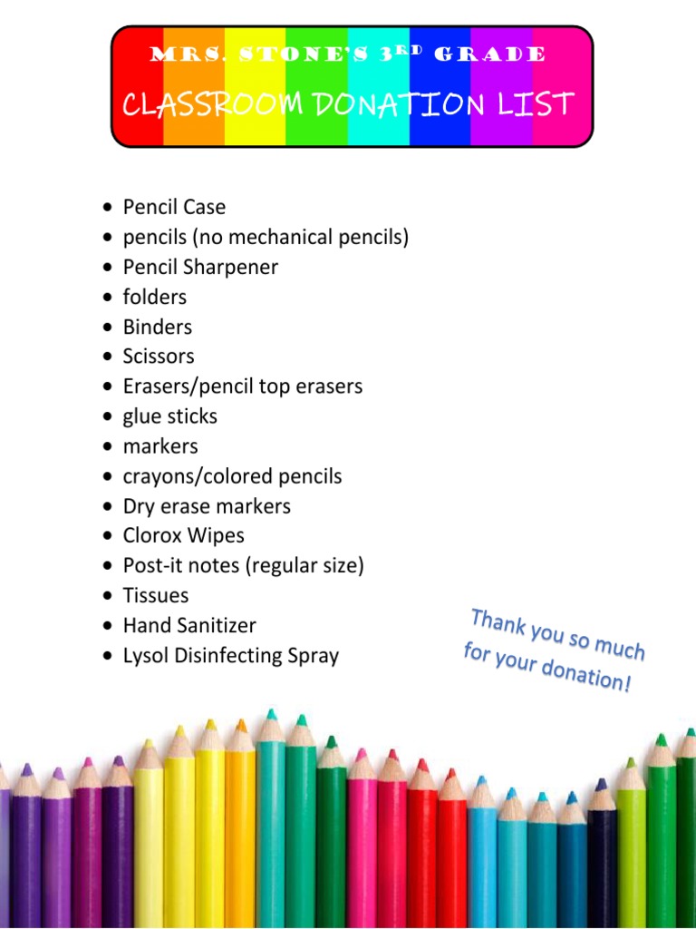 3rd Grade Classroom Donation Needs | PDF