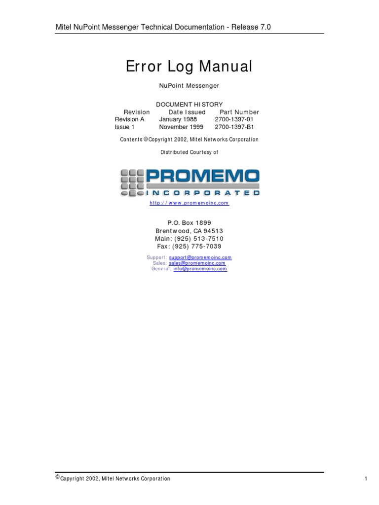 Error Log Manual: Mitel Nupoint Messenger Technical Documentation ...