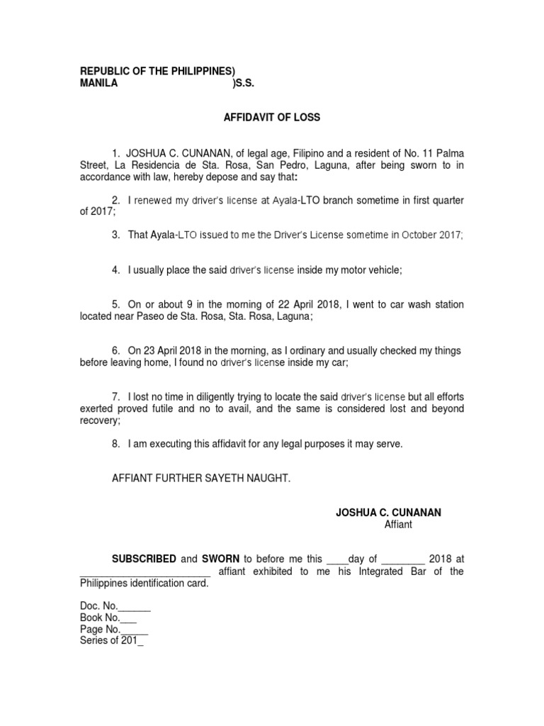 Affidavit of Loss_driver's License | Affidavit | Land Transport