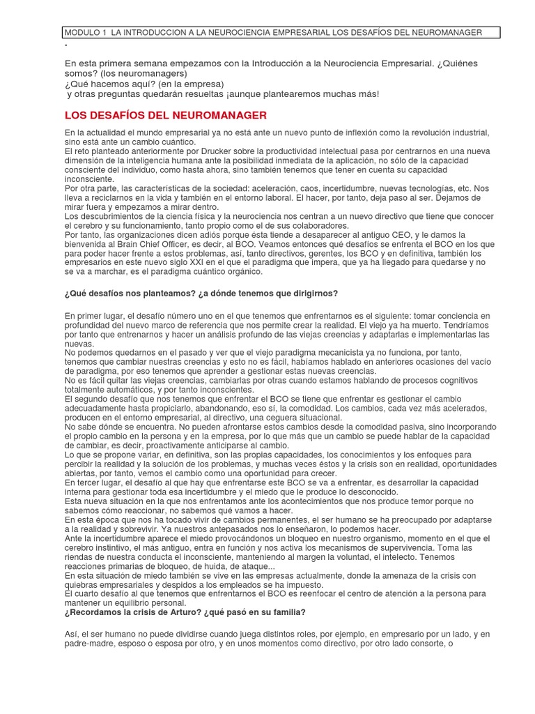 Modulo 1 La Introduccion A La Neurociencia Empresarial Los Desafíos Del Neuromanager PDF | PDF ...
