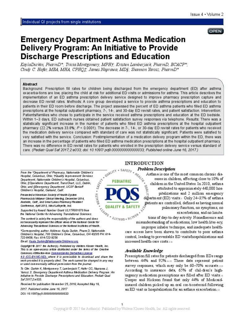 Emergency Department Asthma Medication Delivery Program: An Initiative To Provide Discharge ...