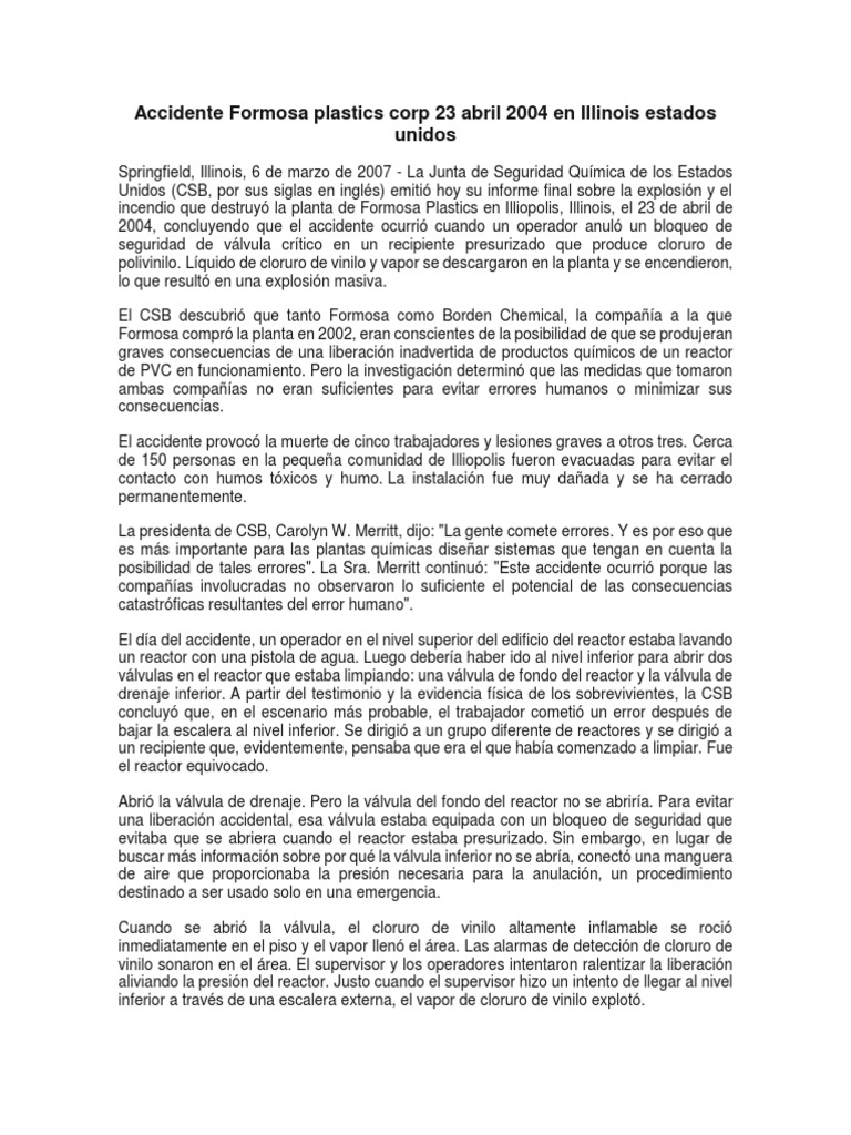 Explosión en Formosa Plastics: Informe CSB | PDF | Cloruro de ...