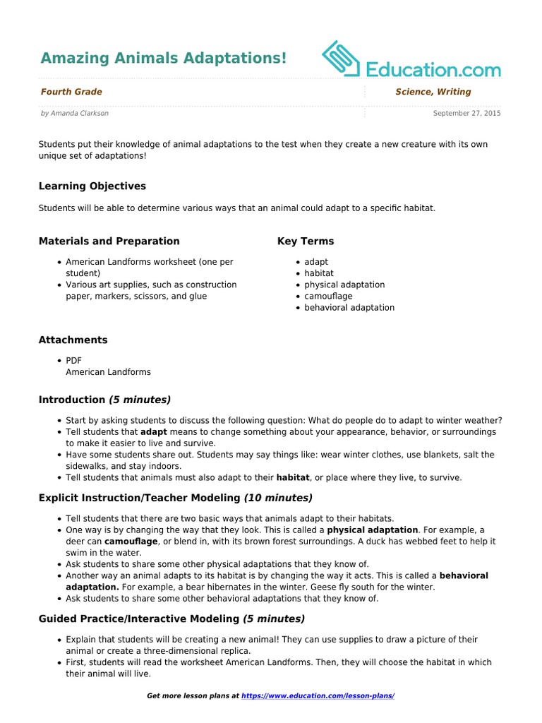 Amazing Animals Adaptations!: Learning Objectives | PDF | Adaptation ...