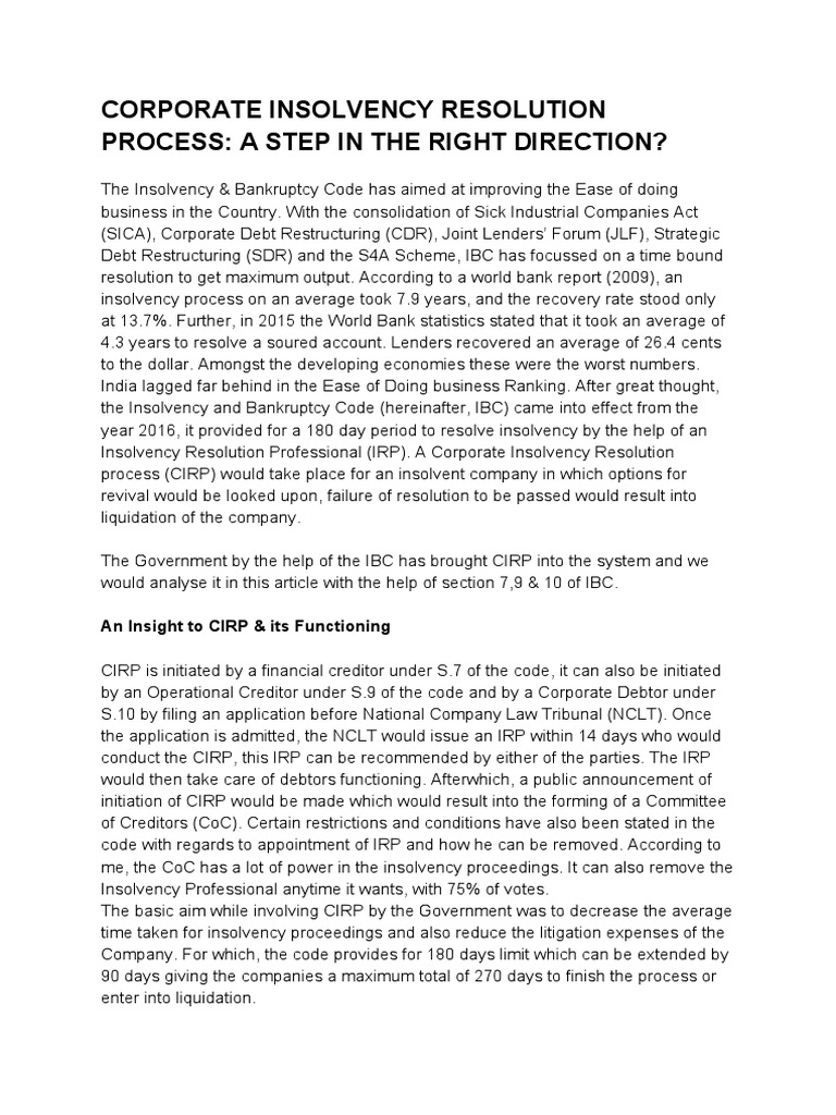 Corporate Insolvency Resolution Process: A Step in The Right Direction ...