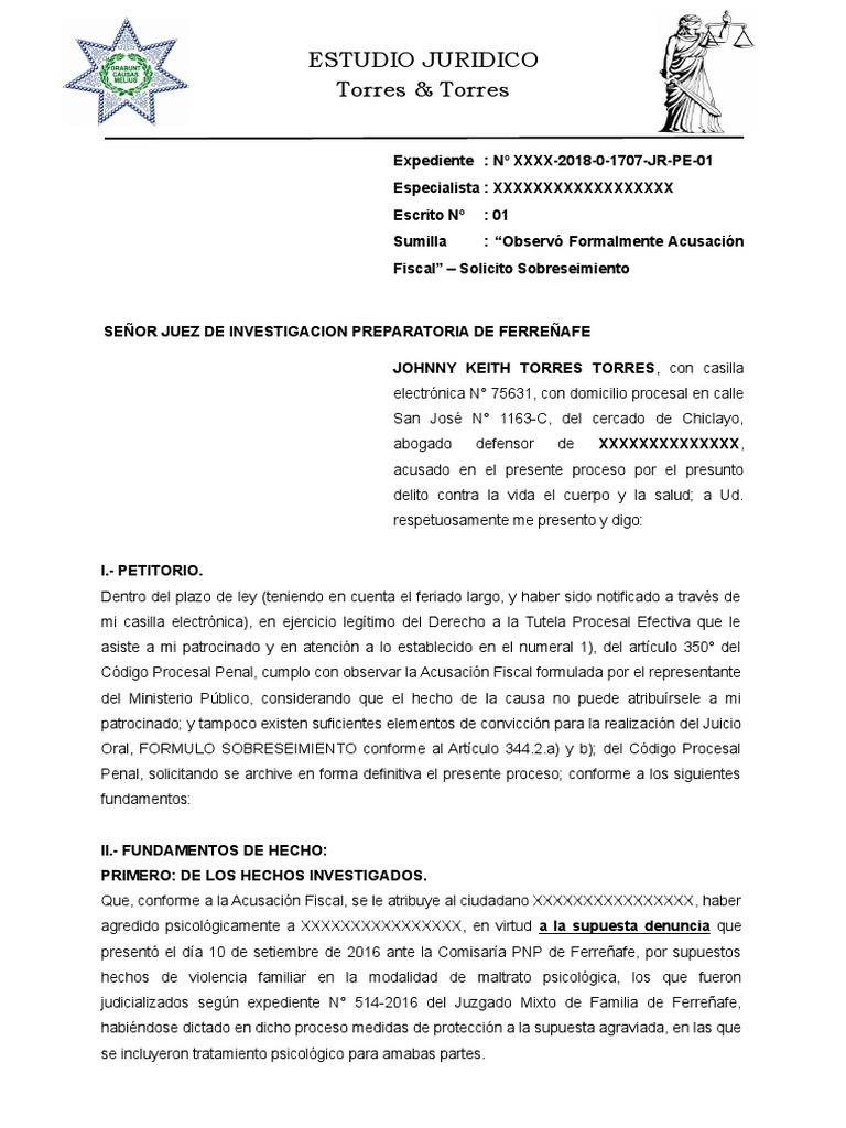 Escrito #02 Observacion A La Acusacion Fiscal para Scrib | PDF | Derecho penal | Ley procesal