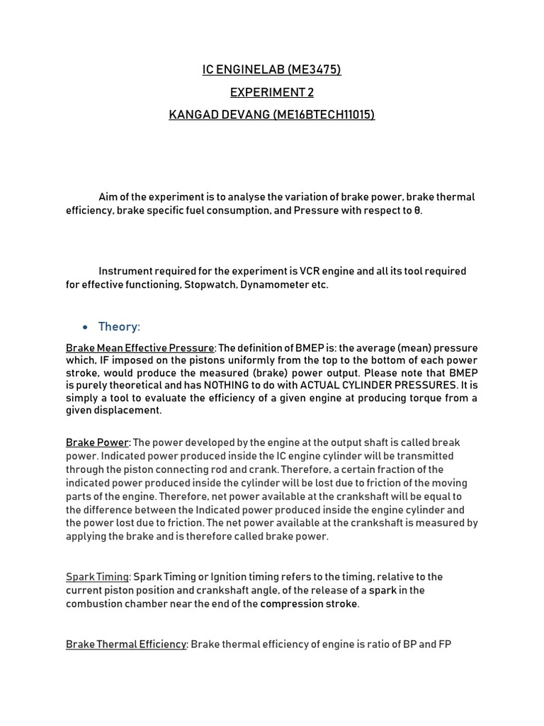 Ic Enginelab (Me3475) Experiment 2 Kangad Devang (Me16Btech11015) | PDF | Engines ...