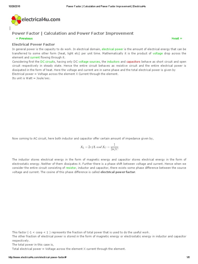 Power Factor - Calculation and Power Factor Improvement - Electrical4u ...