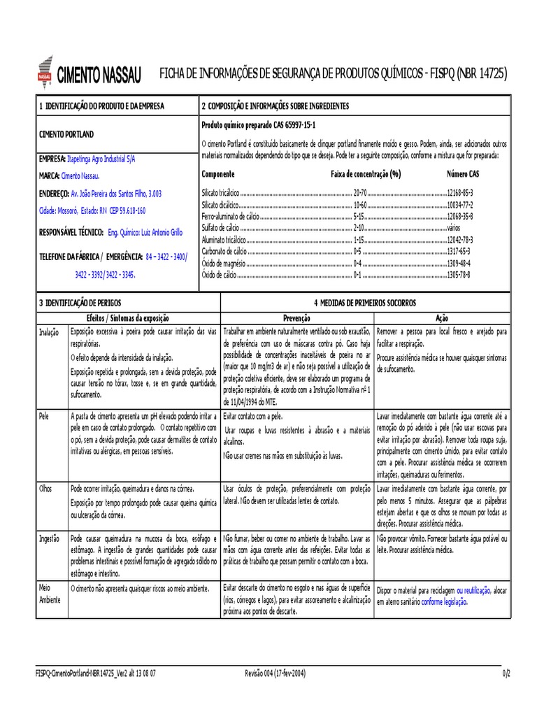 FISPQ Cimento Portland NASSAU | PDF | Cimento | Queimadura