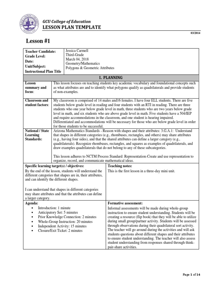 Jessica Carmell - Grade 3 Math Mini Unit Lesson Plan | PDF | Shape ...