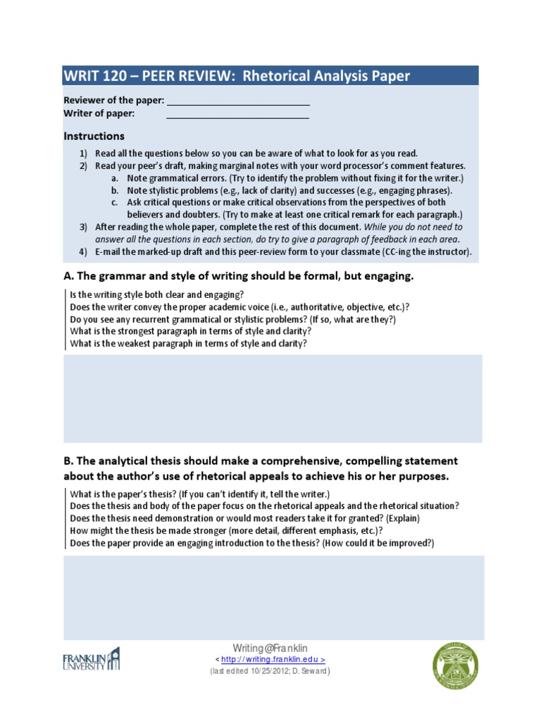 WRIT 120 - PEER REVIEW: Rhetorical Analysis Paper: Instructions | PDF ...