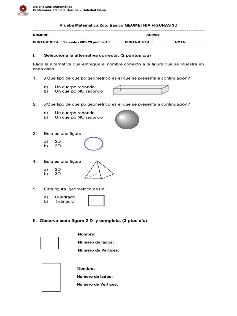 Prueba de Geometría 2º Básico 3D | PDF | Geometría | Espacio