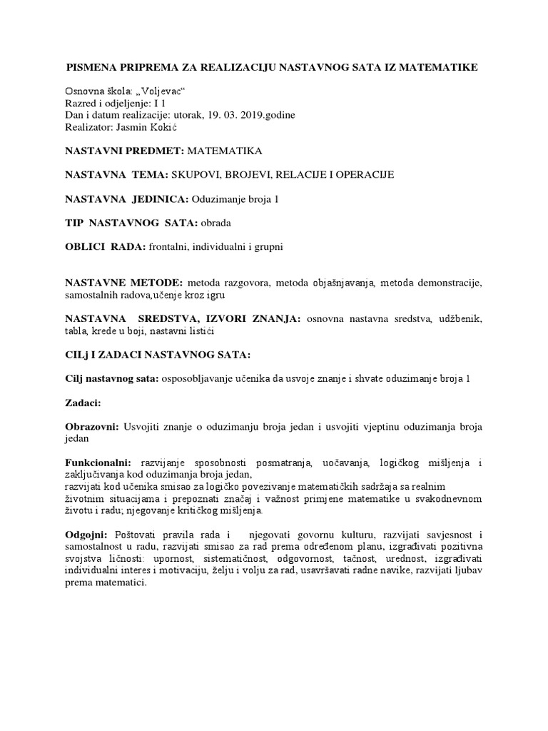 PISMENA PRIPREMA ZA REALIZACIJU NASTAVNOG SATA IZ MATEMATIKe I1 ...