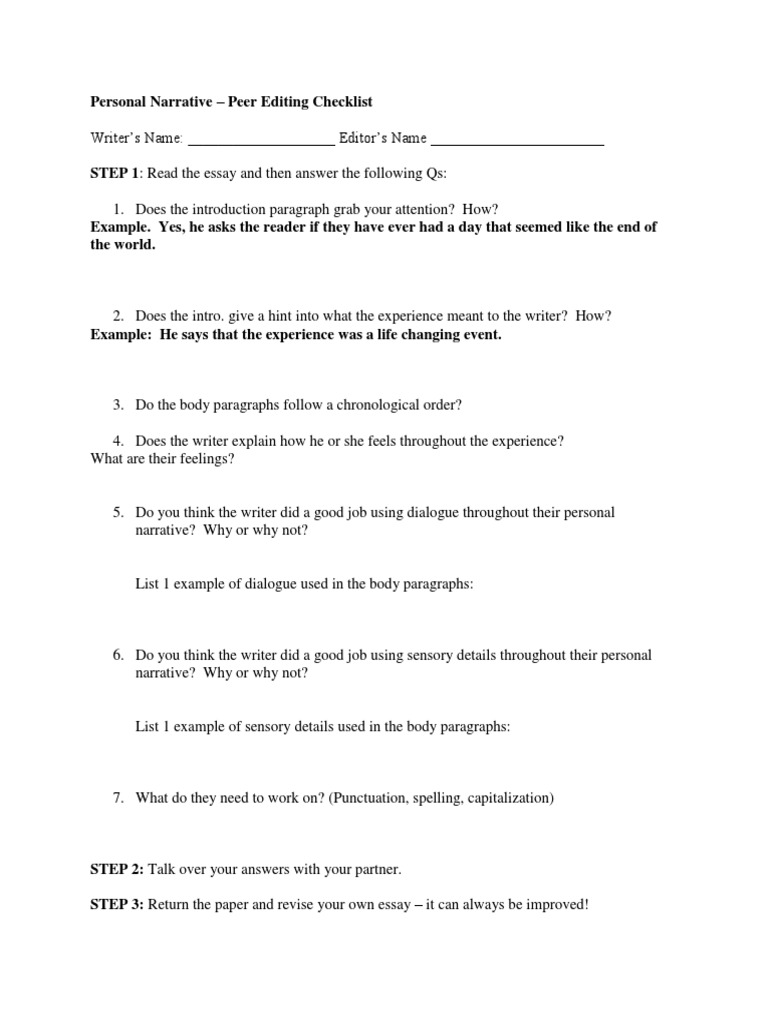 Personal Narrative Peer Editing Guide | PDF | Language Arts & Discipline