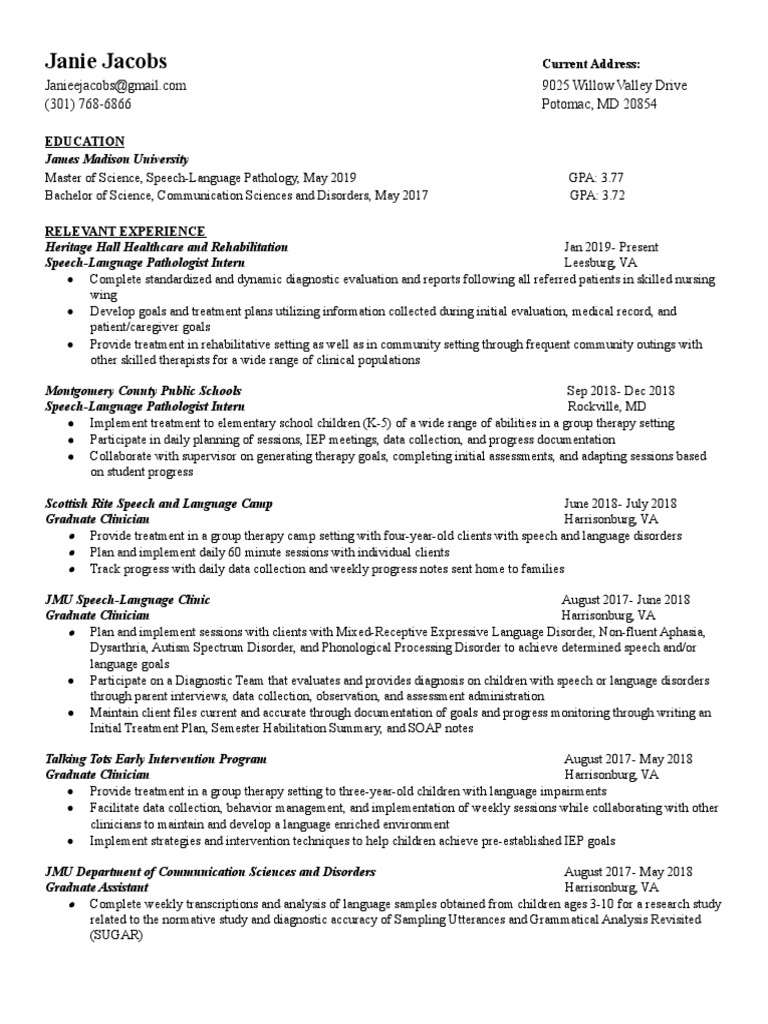Janie Jacobs Resume March 2019 | PDF | Speech Language Pathology | Autism Spectrum