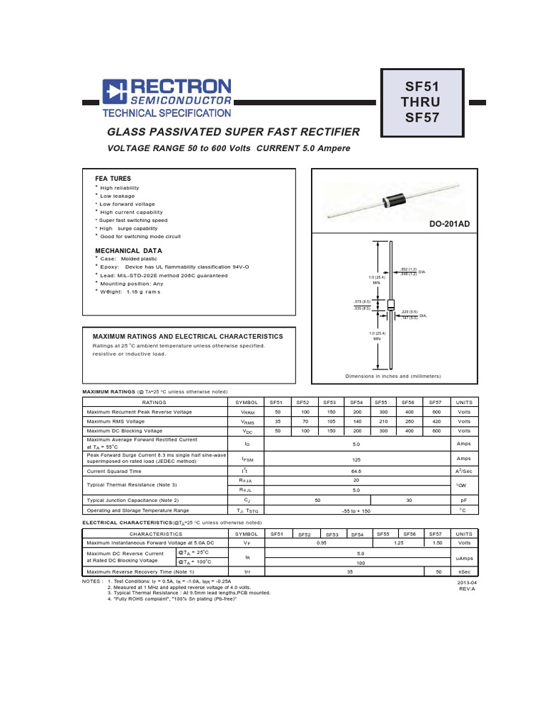 Glass Passivated Super Fast Rectifier: SF51 Thru SF57 | PDF | Voltage ...