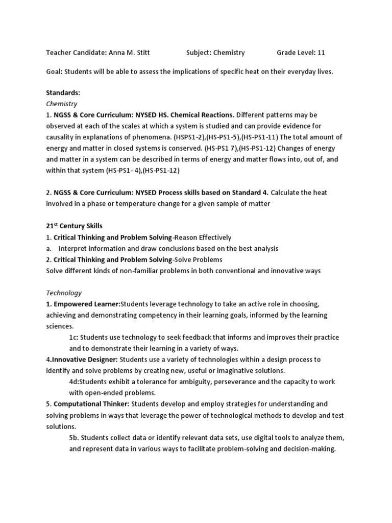 Chemistry 11 Lesson Plan - Specific Heat | PDF | Heat | Heat Capacity
