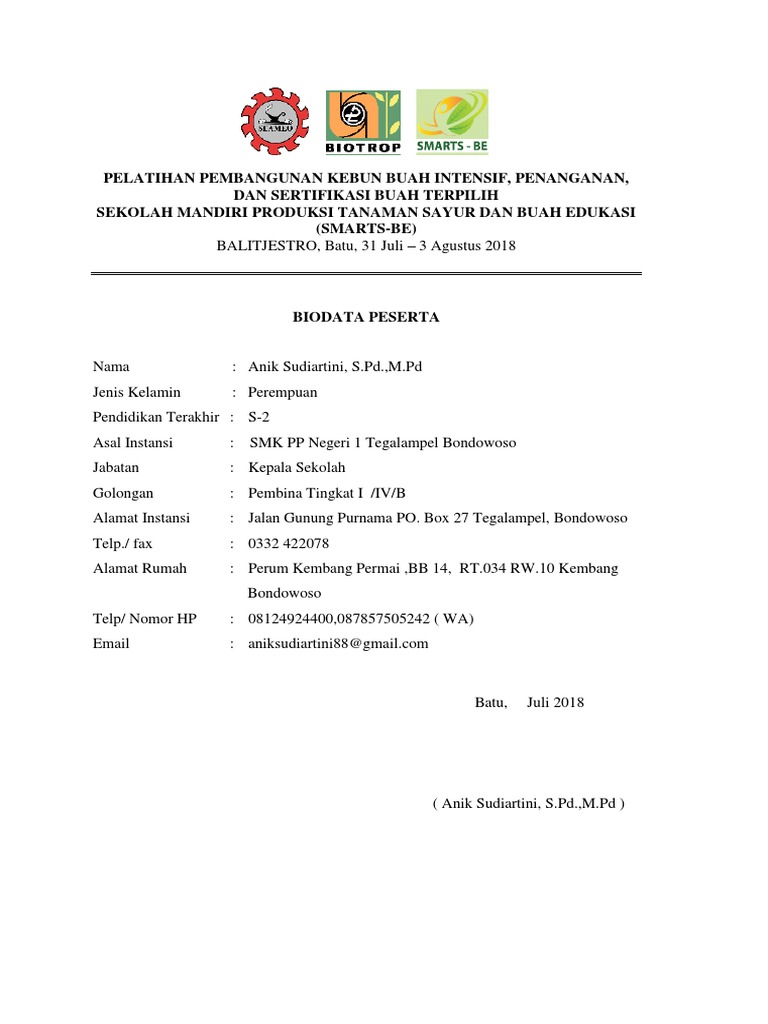 Form Biodata Peserta Pelatihan | PDF
