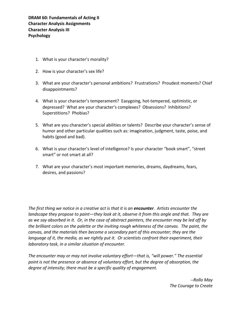 DRAM 60: Fundamentals of Acting II Character Analysis Assignments ...