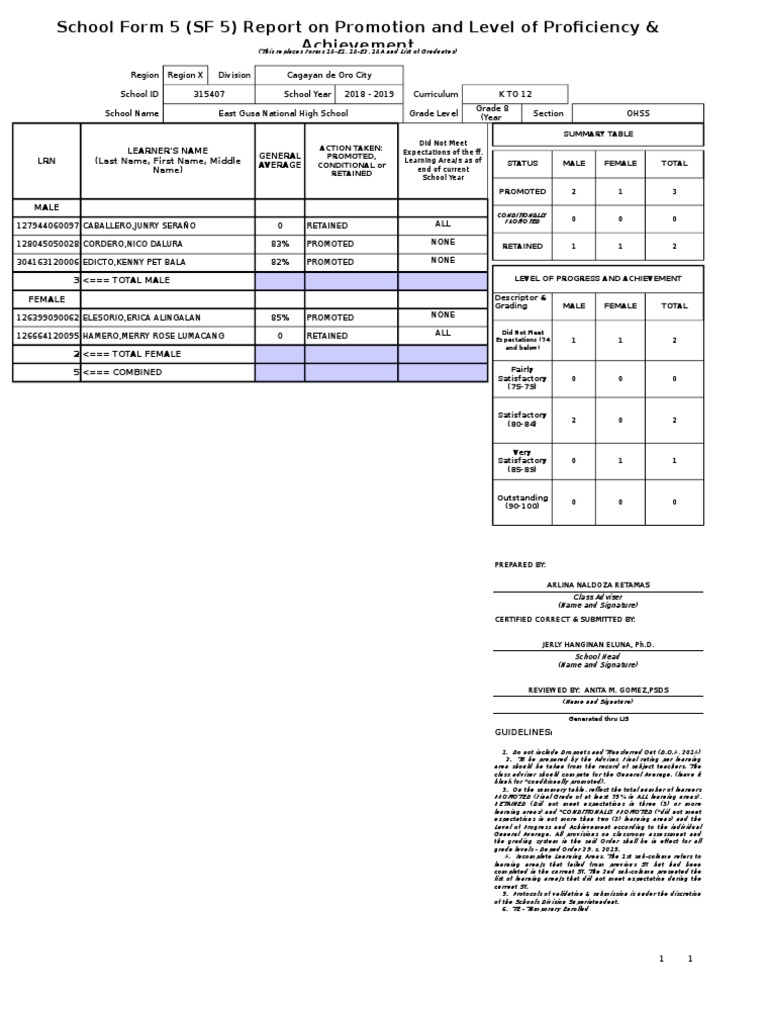 School Form 5 (SF 5) Report On Promotion and Level of Proficiency ...