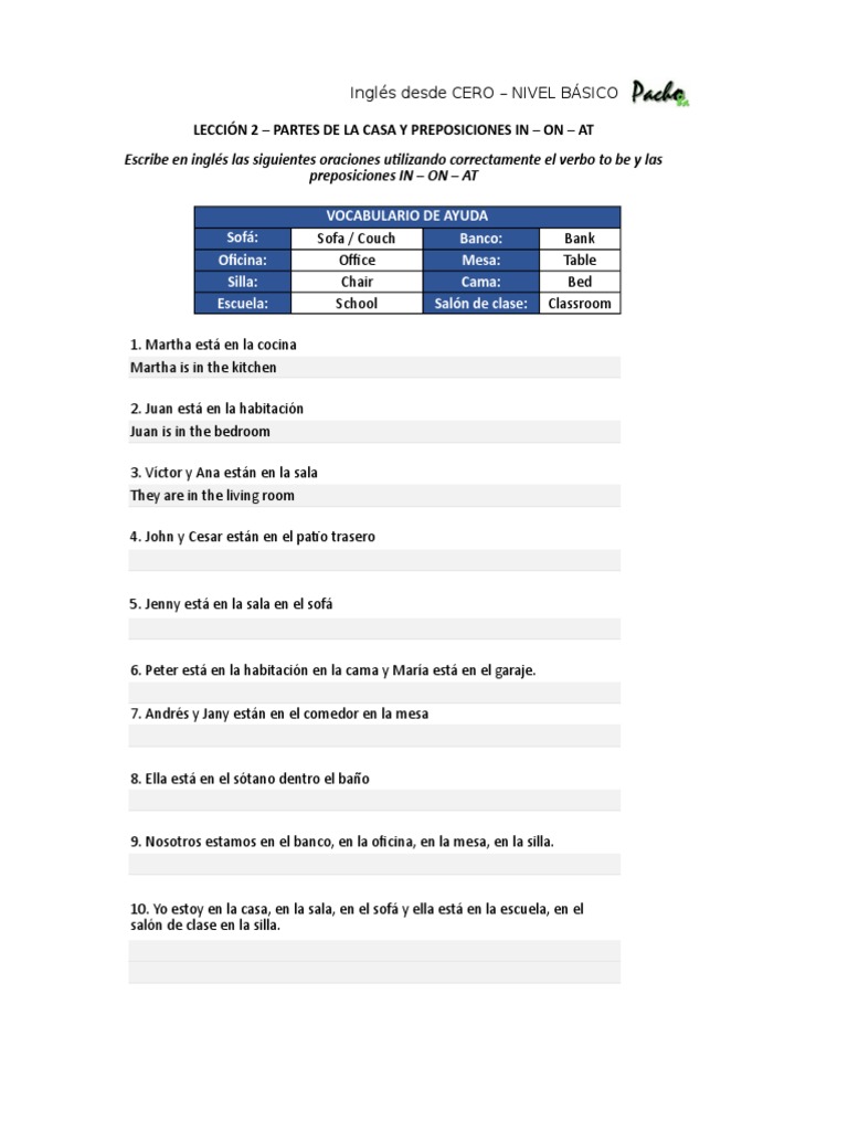 Lección 2 - Partes de La Casa y Preposiciones in On at | PDF ...